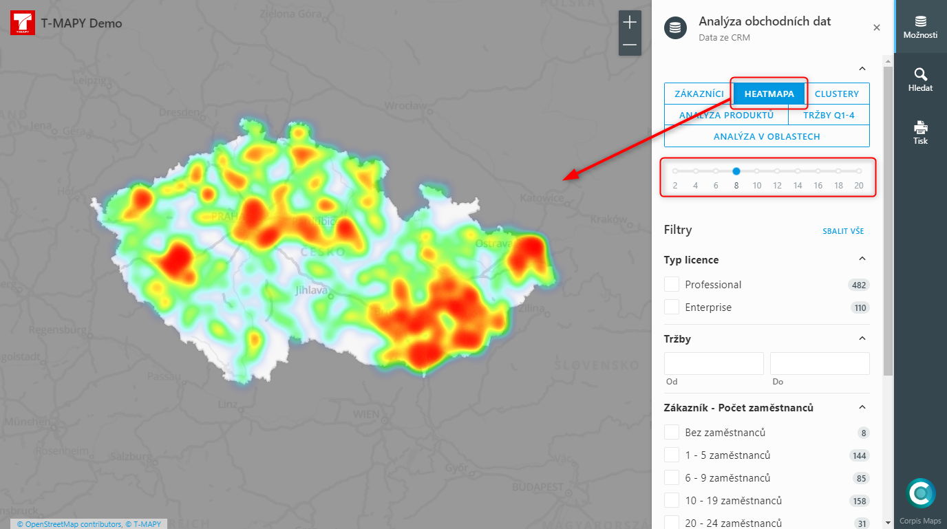 Vizualizace v heatmapě (Heatmap) - Corpis Maps